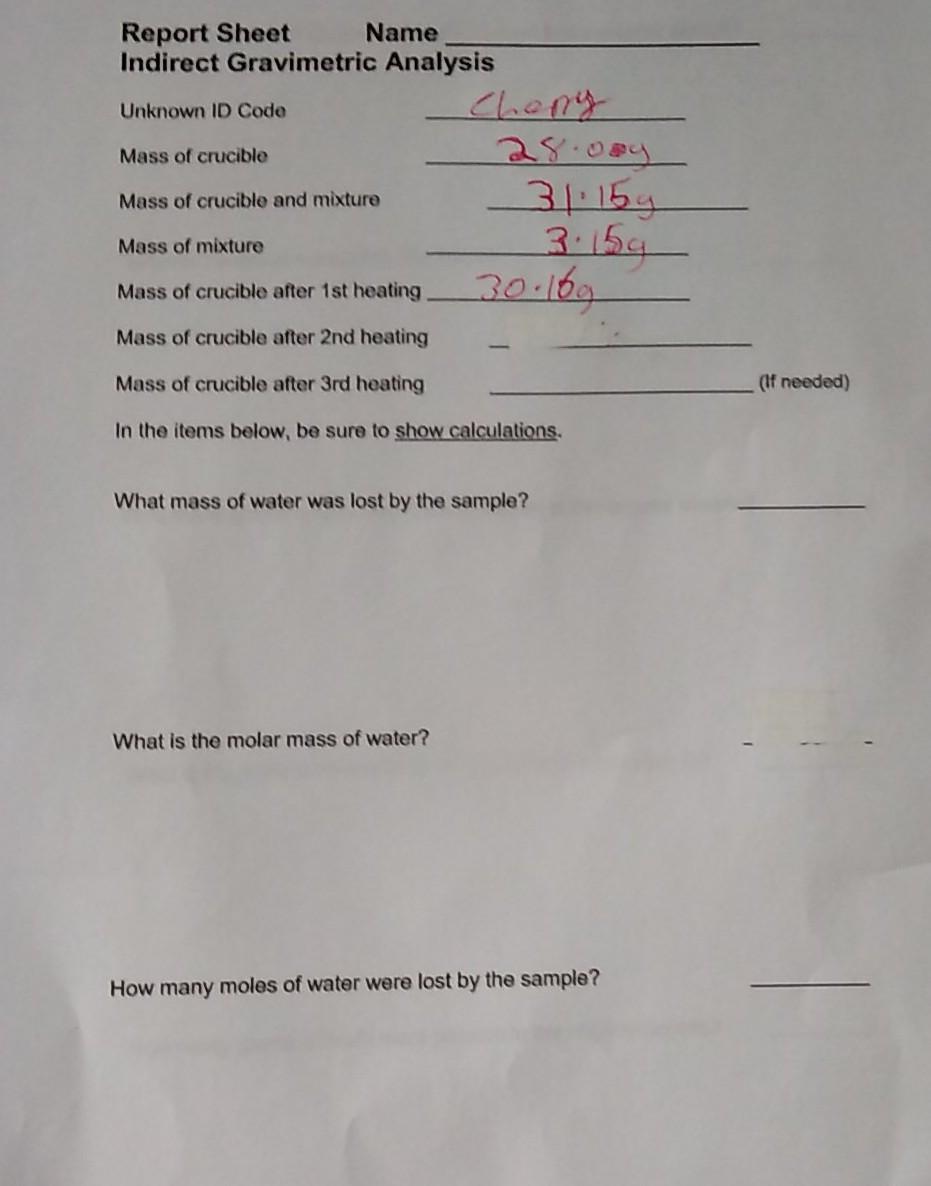 Solved Report Sheet Name Indirect Gravimetric Analysis | Chegg.com