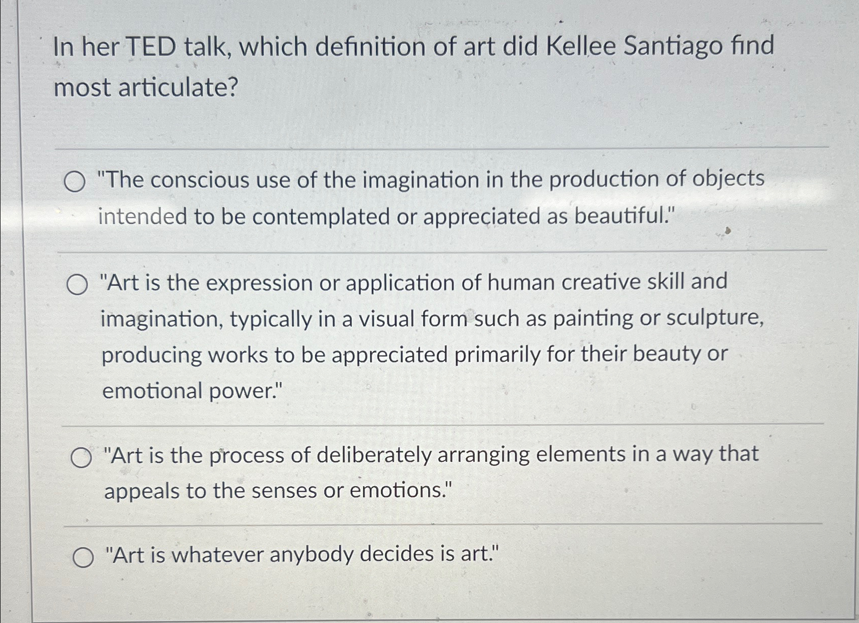 Solved In her TED talk, which definition of art did Kellee | Chegg.com