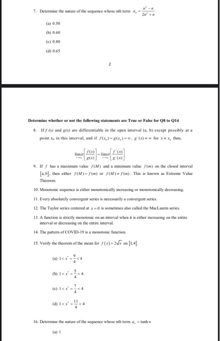 Solved 7. Determine the nature of the sequence whose nth | Chegg.com