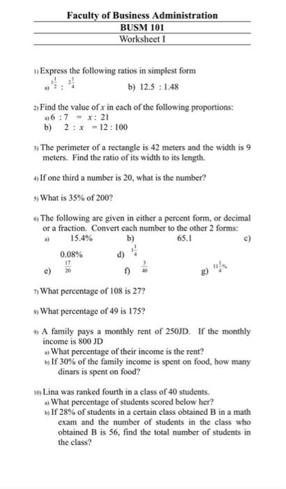 Solved Faculty of Business Administration BUSM 101 Worksheet | Chegg.com