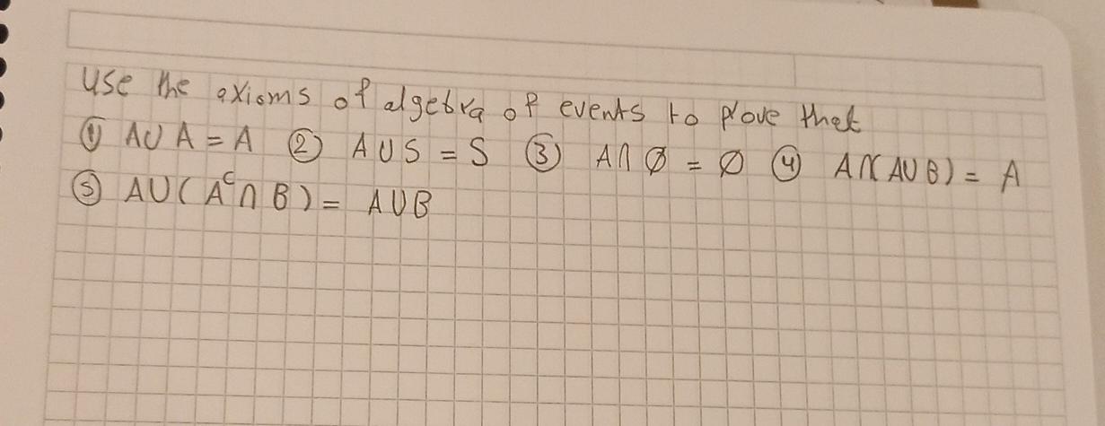Solved Use the axioms of algetra of events to plove that (1) | Chegg.com