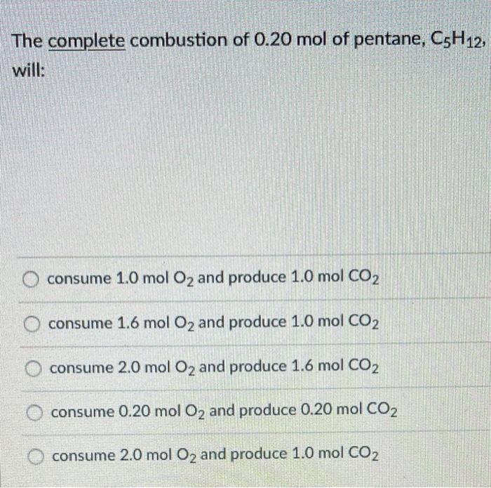 Solved The complete combustion of 0.20 mol of pentane, | Chegg.com