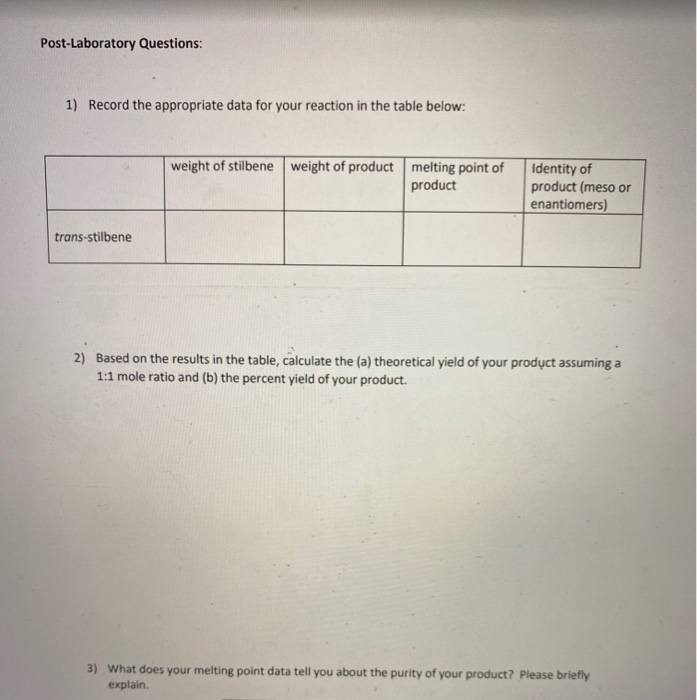 Solved Post-Laboratory Questions: 1) Record the appropriate | Chegg.com