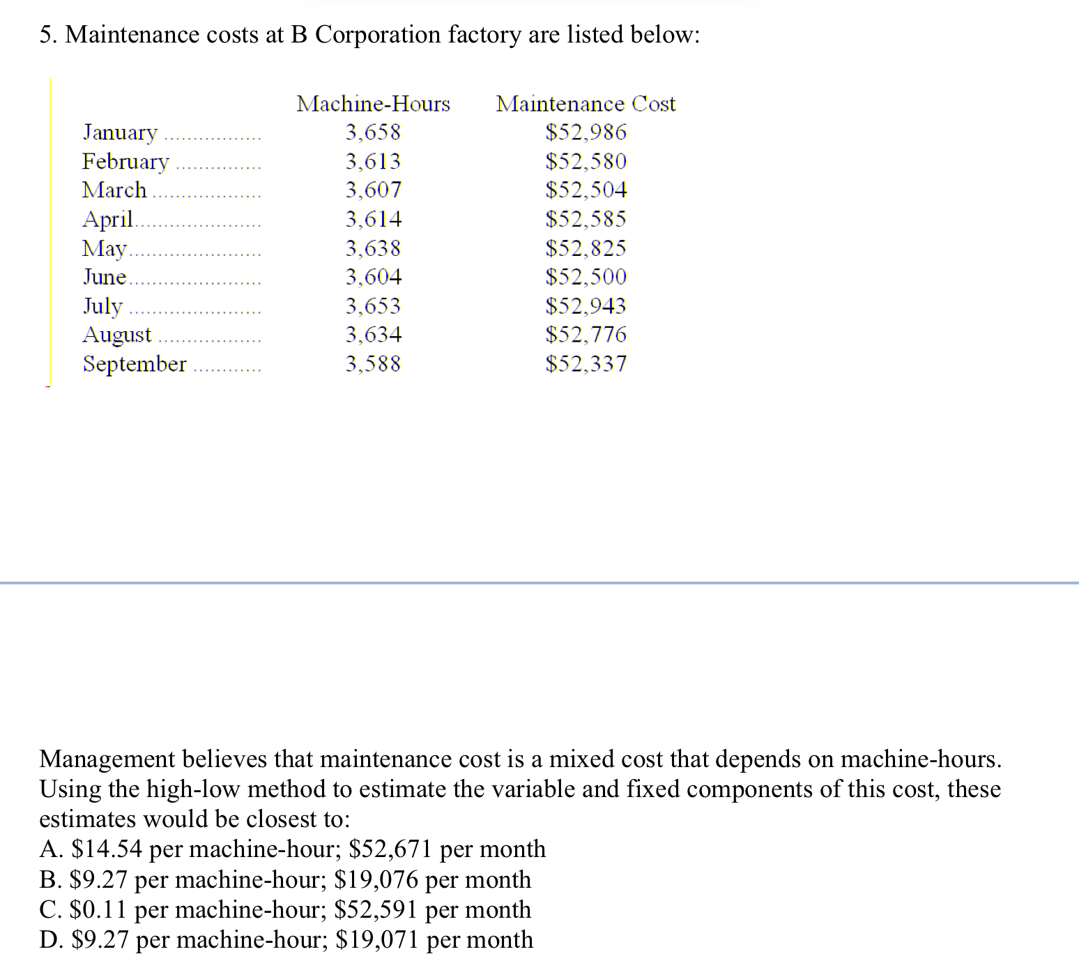 Solved Maintenance costs at B Corporation factory are listed | Chegg.com