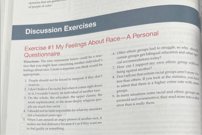 Exercise \#1 My Feelings rowa Questionnaire | Chegg.com