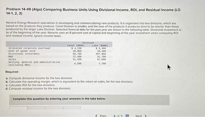Solved Problem 14-49 (Algo) Comparing Business Units Using | Chegg.com
