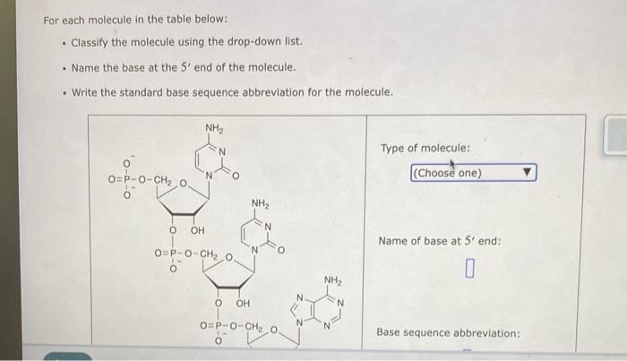 Solved For each molecule in the table below: - Classify the | Chegg.com