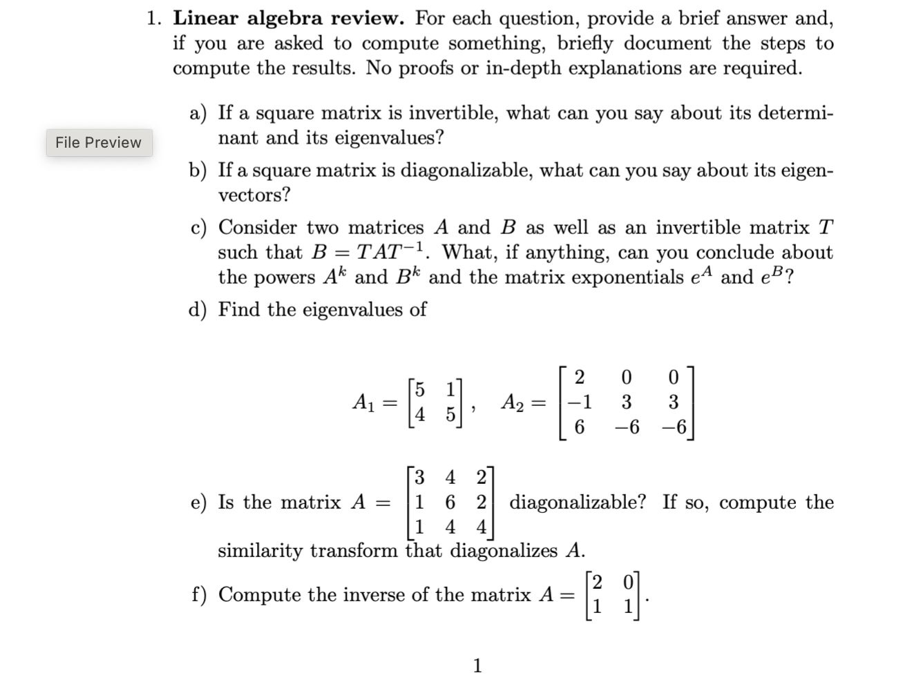Solved Linear algebra review. For each question, provide a | Chegg.com