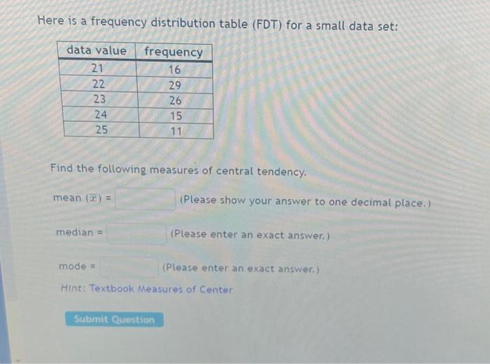 Solved Here is a frequency distribution table (FDT) for a | Chegg.com