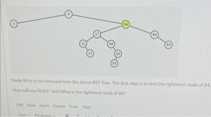 Solved Node 84 is to be removed from the above BST Tree. The | Chegg.com
