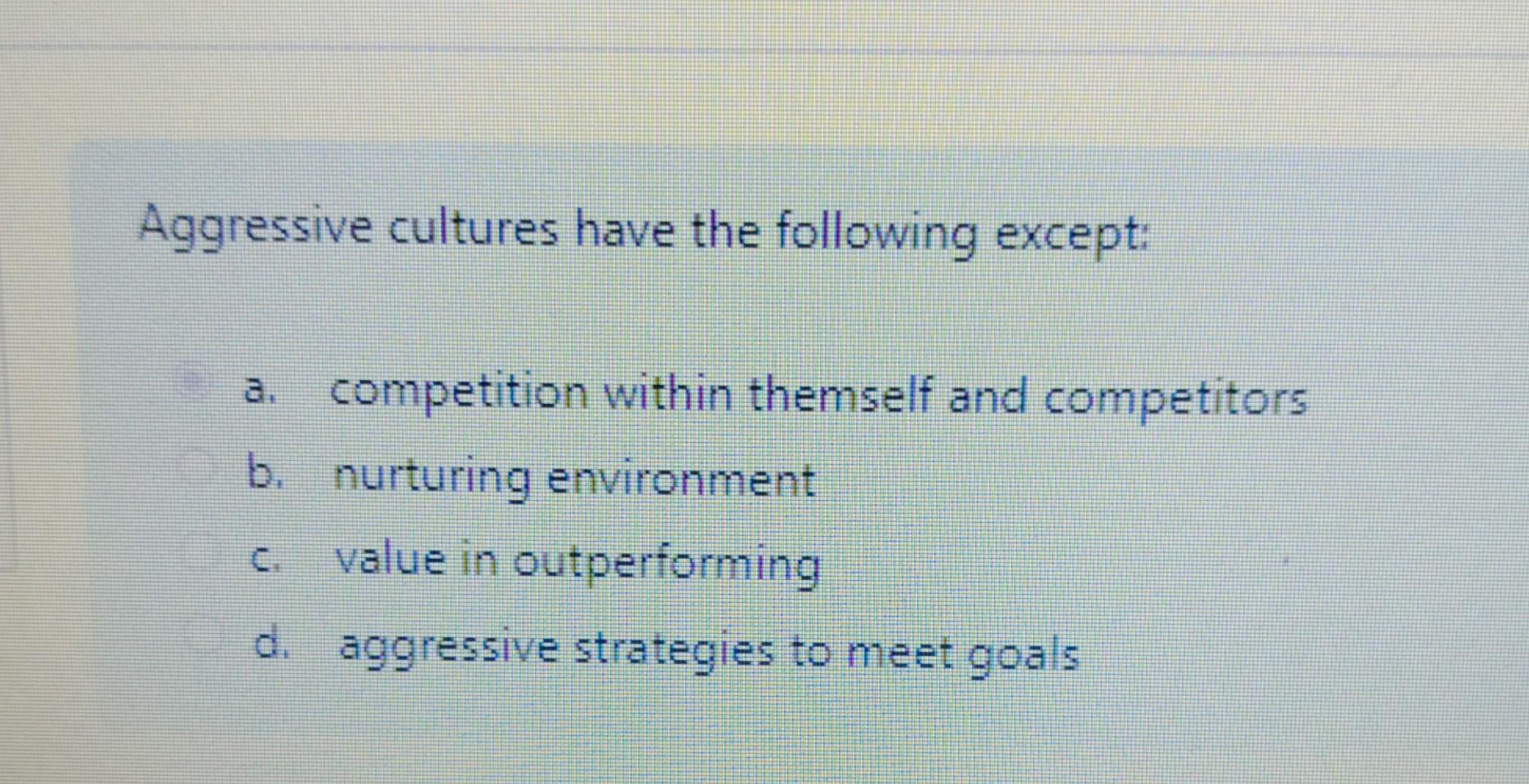 Solved Aggressive cultures have the following except: a. | Chegg.com