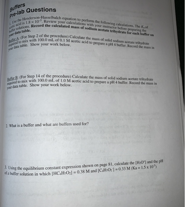 Solved Buffers e-lab Questions Pre-la, Hasselbalch equation | Chegg.com