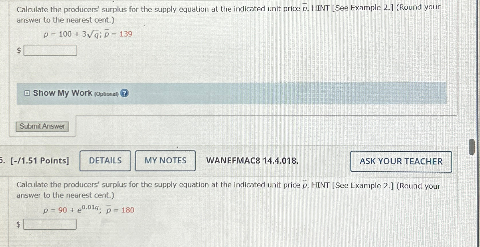 Solved Calculate the producers' surplus for the supply | Chegg.com