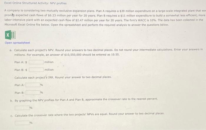 Solved Excel Online Structured Activity: NPV profiles A | Chegg.com