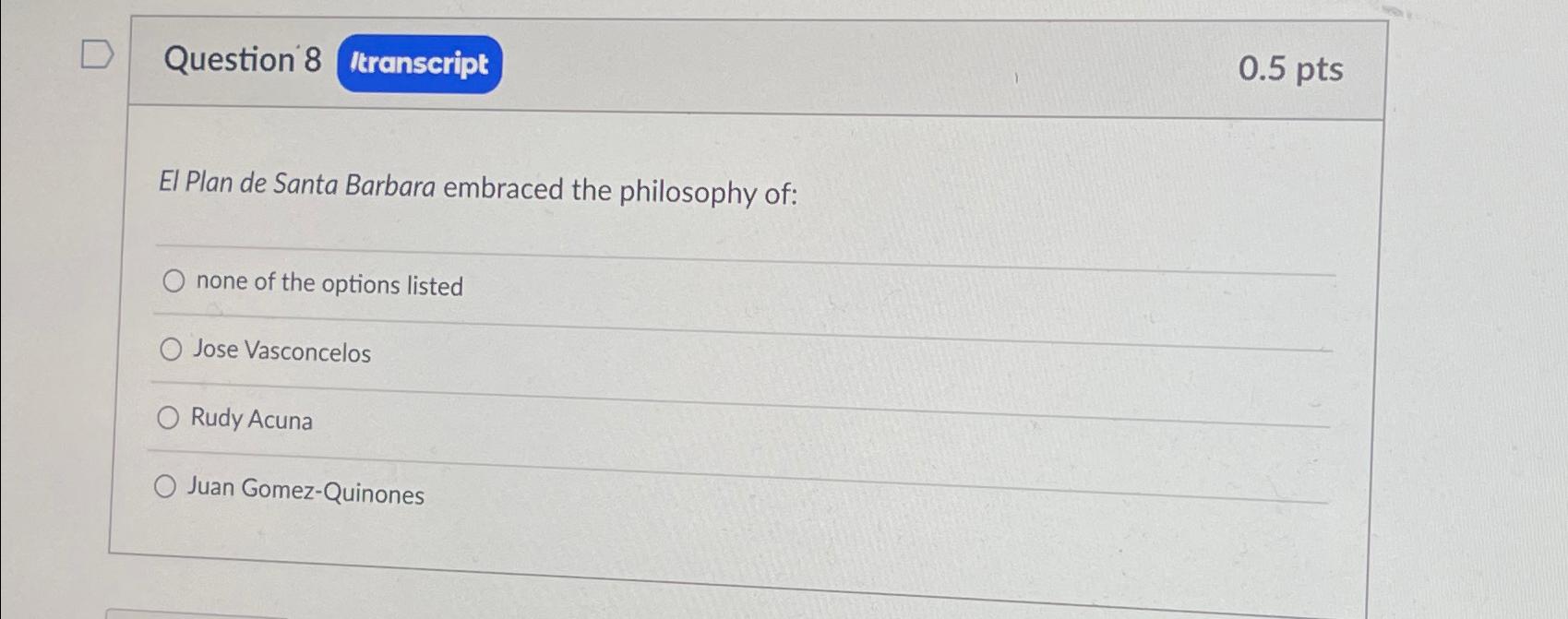Solved Question 80.5 ﻿ptsEl Plan de Santa Barbara embraced | Chegg.com