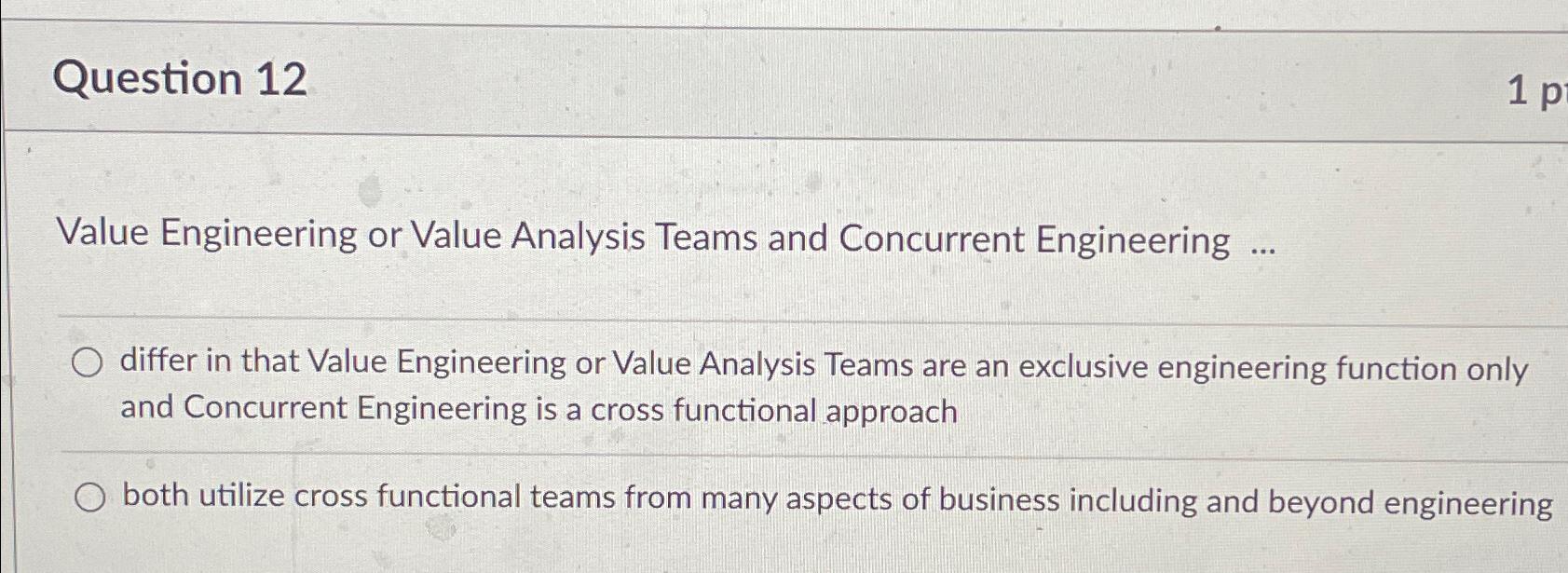 Solved Question 12Value Engineering or Value Analysis Teams | Chegg.com