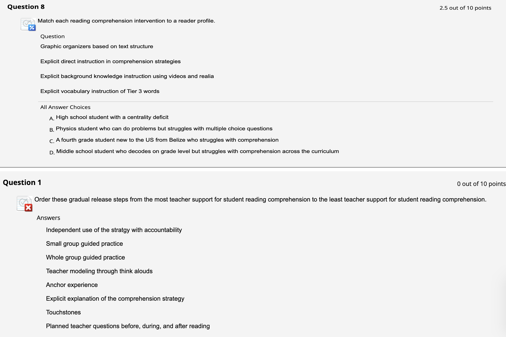 Solved Question 8Match each reading comprehension | Chegg.com