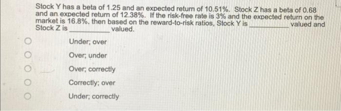 Solved Stock Y has a beta of 1.25 and an expected return of | Chegg.com