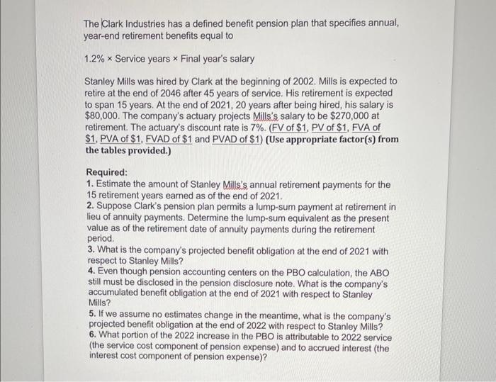 Solved The Clark Industries has a defined benefit pension | Chegg.com