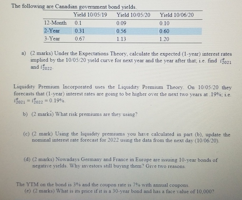 The following are Canadian government bond yields. | Chegg.com