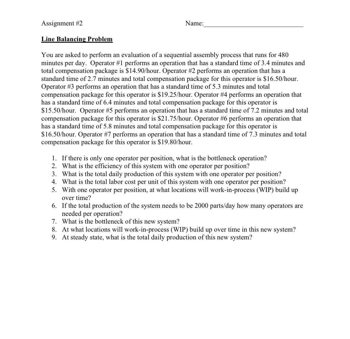 Solved Assignment NamıLine Balancing ProblemYou are asked to | Chegg.com