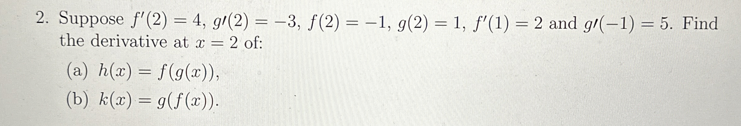 Solved Suppose f'(2)=4,g'(2)=-3,f(2)=-1,g(2)=1,f'(1)=2 ﻿and | Chegg.com