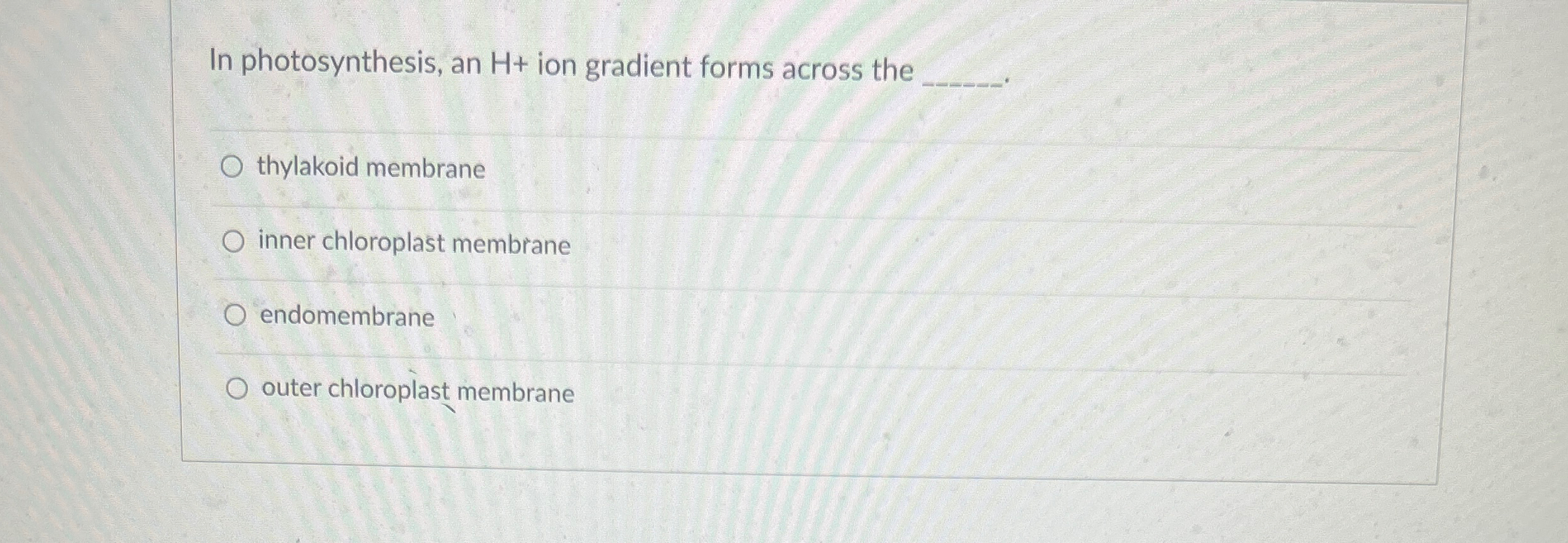 Solved In photosynthesis, an H+ ﻿ion gradient forms across | Chegg.com