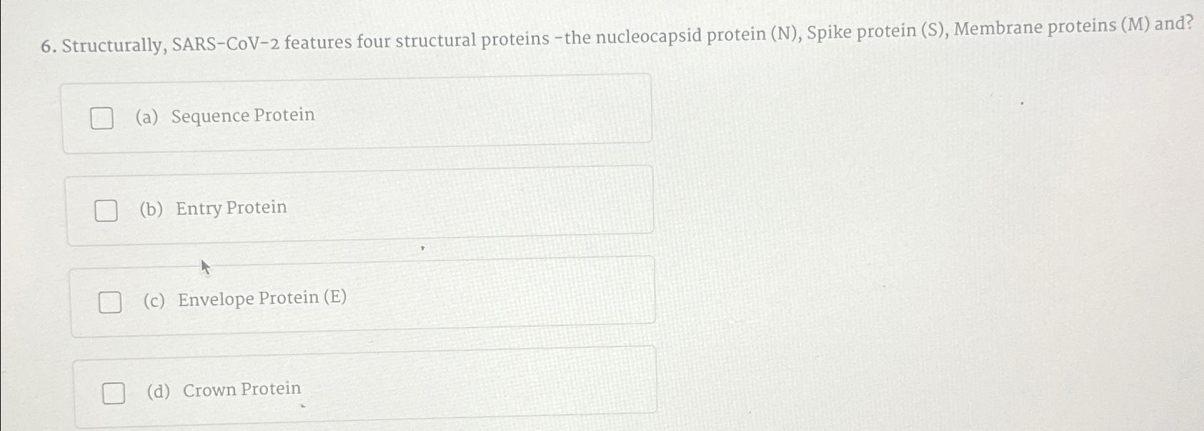 Solved Structurally, SARS-CoV-2 ﻿features four structural | Chegg.com
