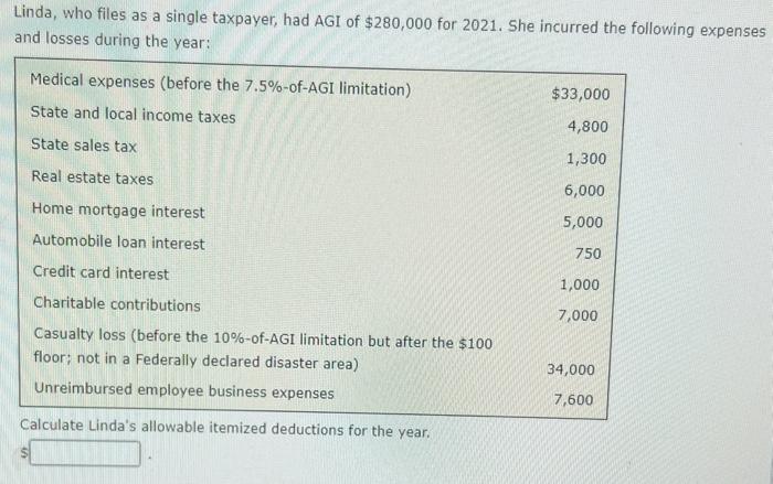 Solved Linda, who files as a single taxpayer, had AGI of | Chegg.com