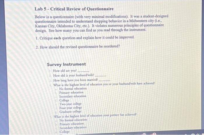 Lab 5 - Critical Review of Questionnaire Below is a | Chegg.com