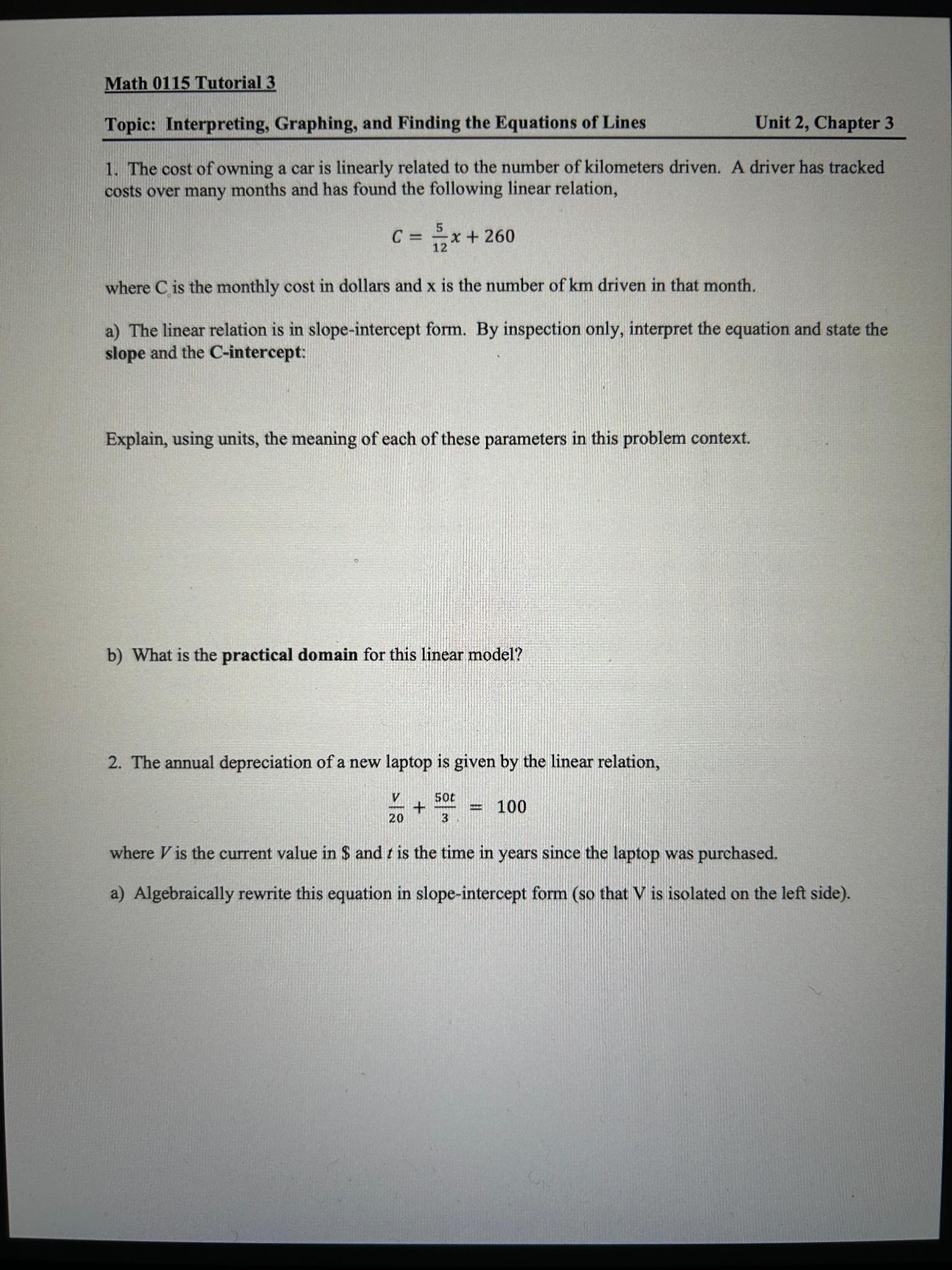 Solved Math 0115 ﻿Tutorial 3?Topic: Interpreting, Graphing, | Chegg.com