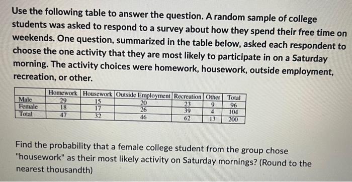 Solved Use the following table to answer the question. A | Chegg.com