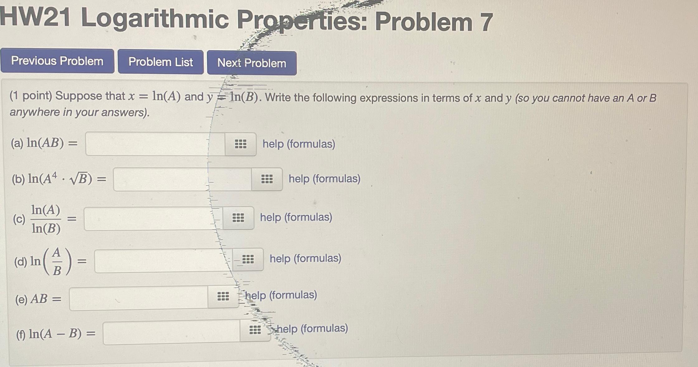 Solved HW21 ﻿Logarithmic Properties: Problem 7(1 ﻿point) | Chegg.com