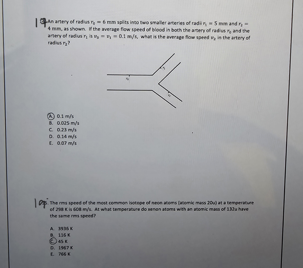 Solved 14 ﻿An artery of radius r0=6mm ﻿splits into two | Chegg.com