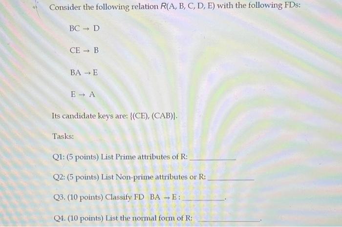 Solved Consider the following relation R( A, B,C,D,E) with | Chegg.com