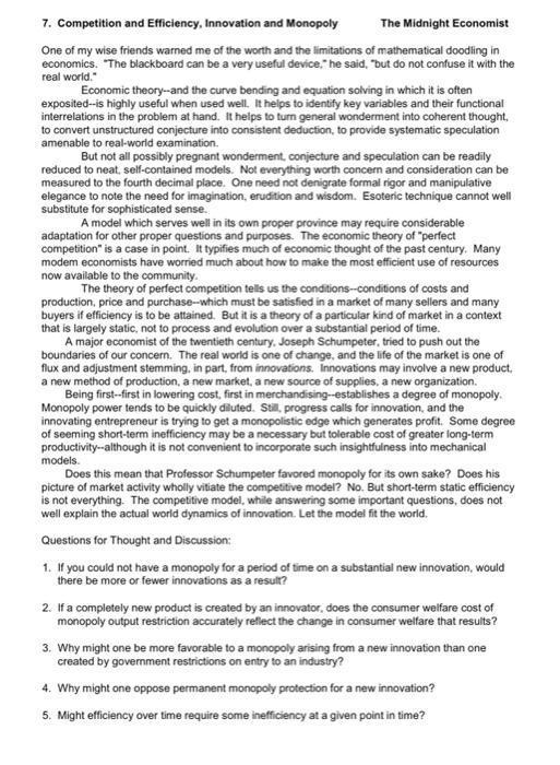 Solved 7. Competition and Efficiency, Innovation and | Chegg.com