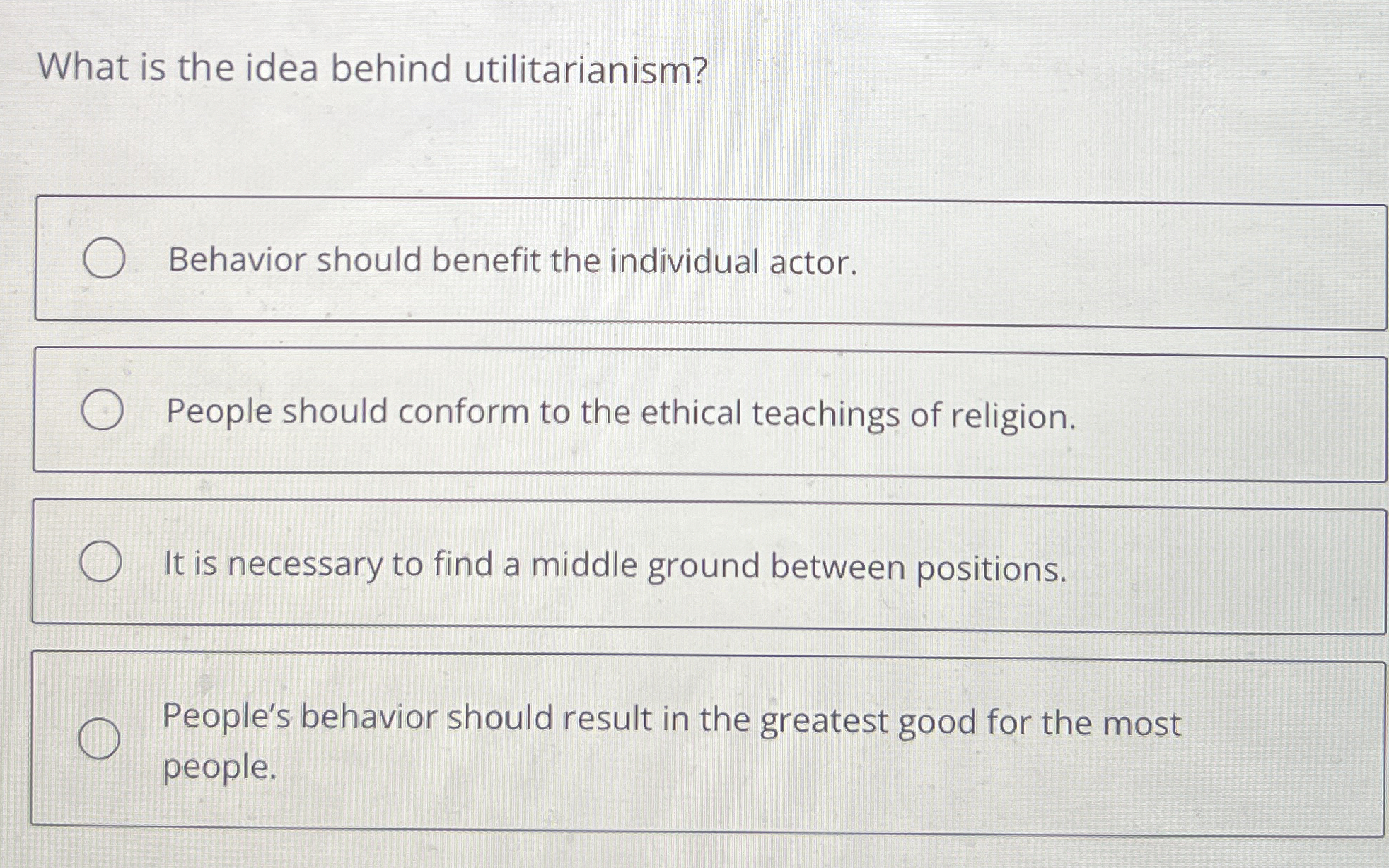 Solved What is the idea behind utilitarianism?Behavior | Chegg.com