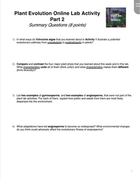 Solved Plant Evolution Online Lab Activity Part 2 Summary | Chegg.com