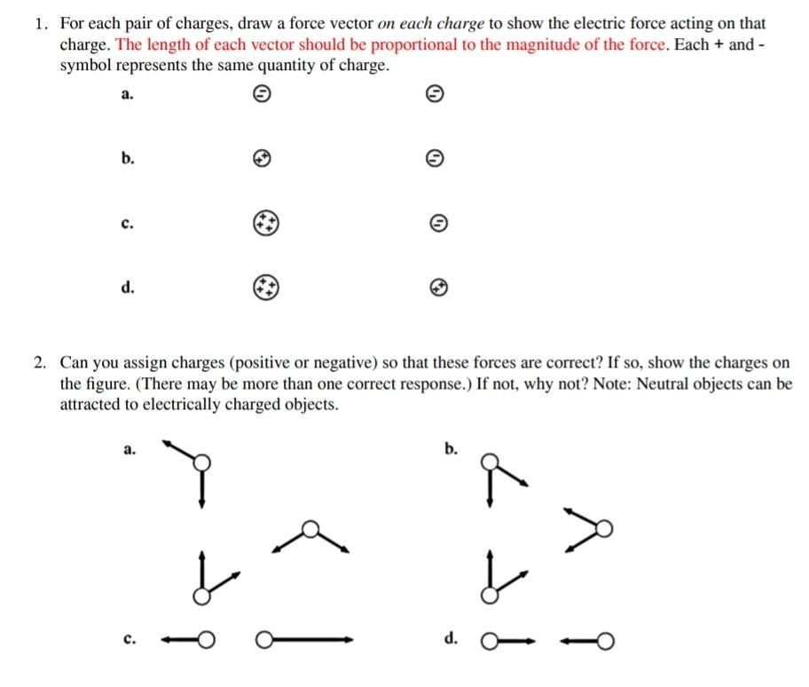 Solved 1. For each pair of charges, draw a force vector on | Chegg.com