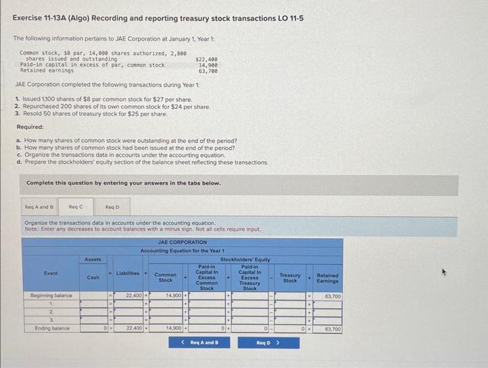 Solved Exercise 11-13A (Algo) Recording and reporting | Chegg.com