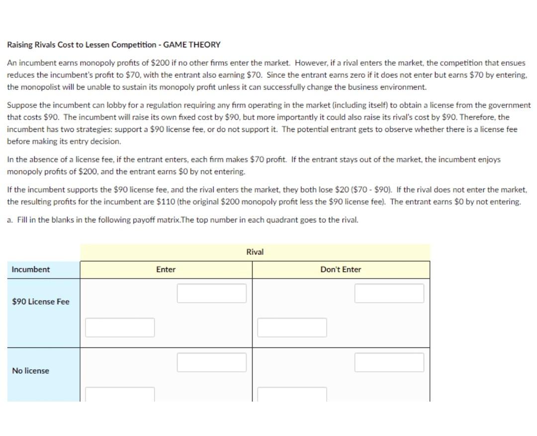 Solved Raising Rivals Cost to Lessen Competition - GAME | Chegg.com