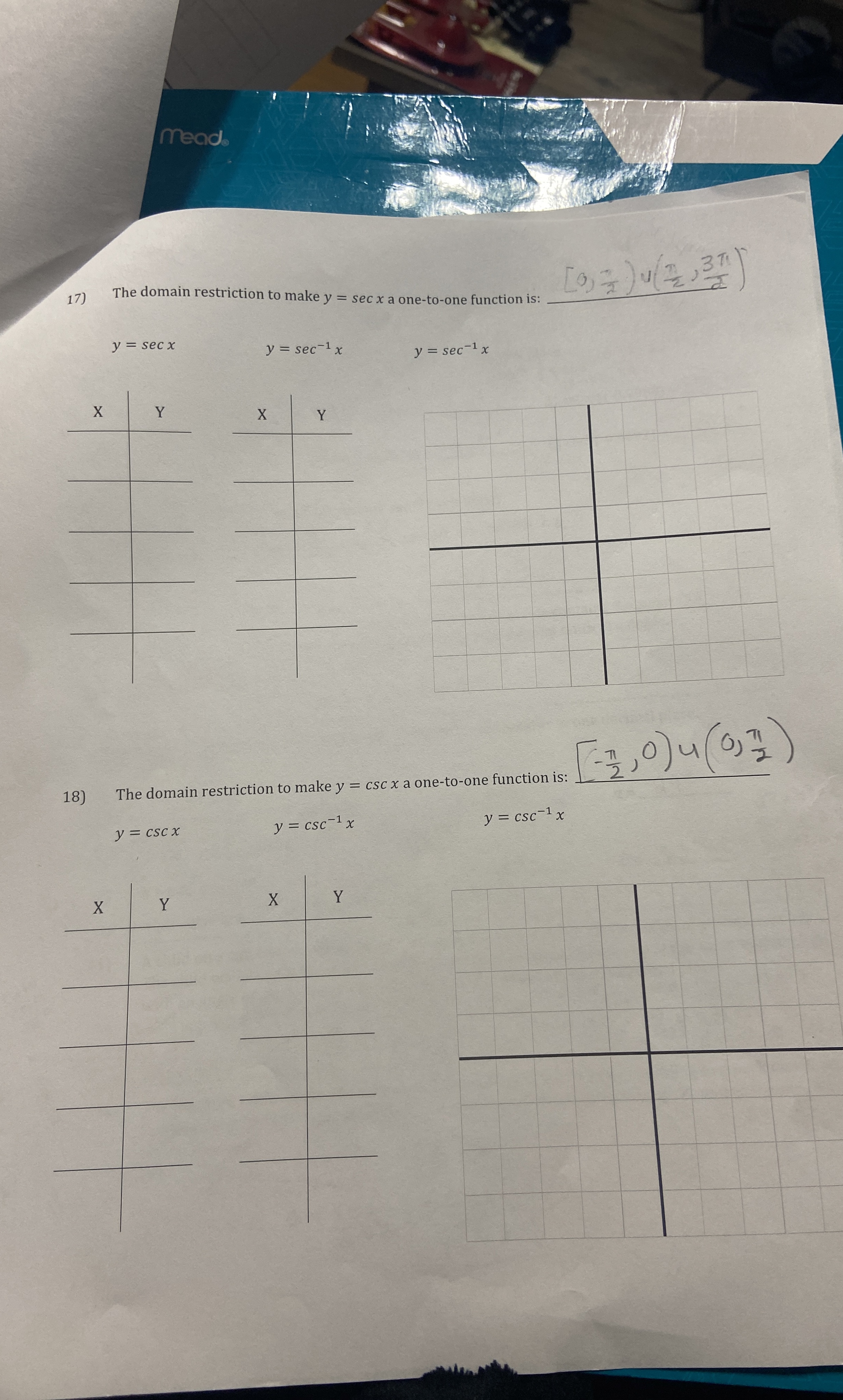 Solved The domain restriction to make y=secx ﻿a one-to-one | Chegg.com