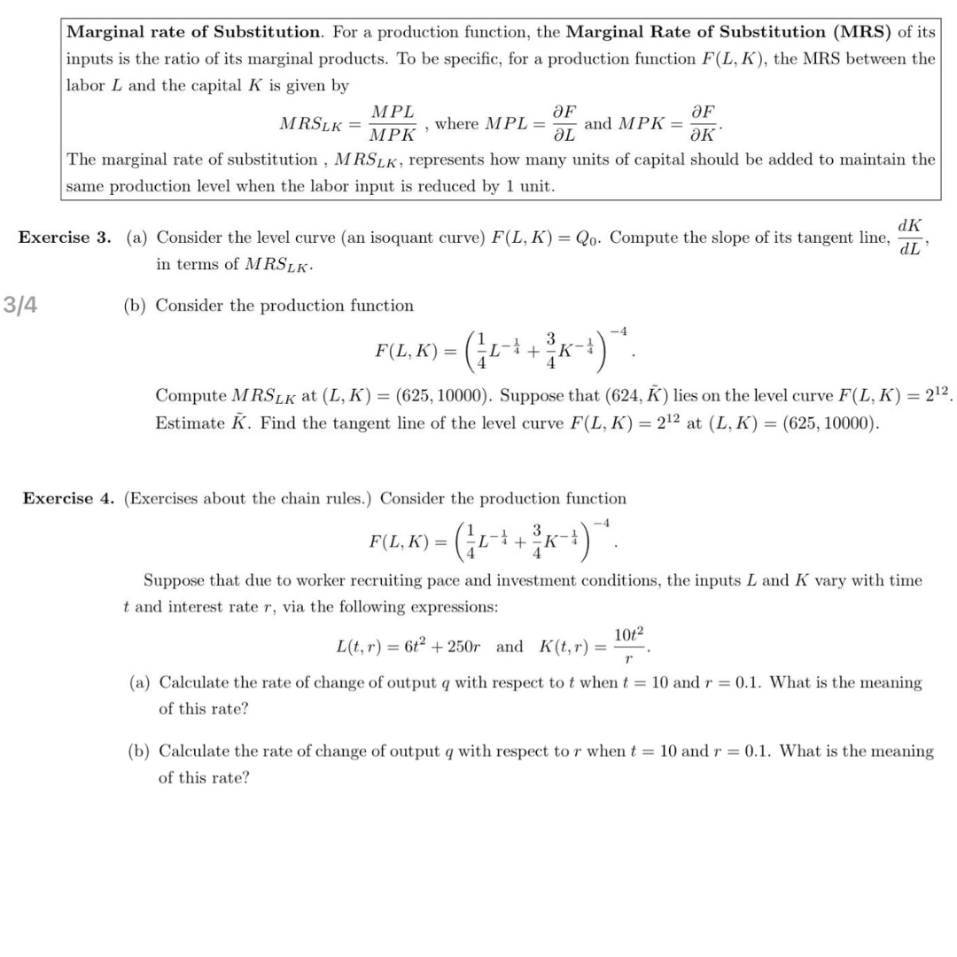 Solved Marginal rate of Substitution. For a production | Chegg.com