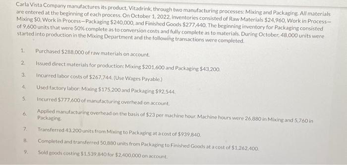 Solved Carla Vista Company manufactures its product, | Chegg.com