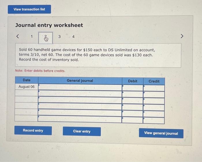 Solved Journal entry worksheet Sold 60 handheld game devices | Chegg.com