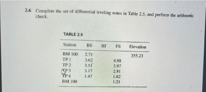 Solved 2.6 Complete the set of differential leveling notes | Chegg.com
