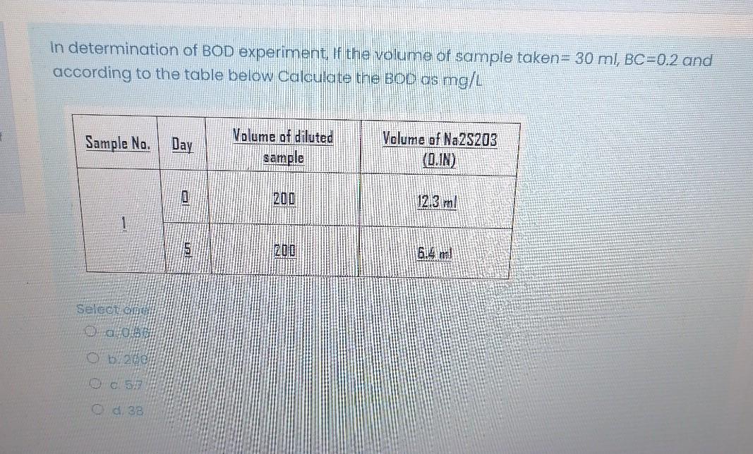 Solved In determination of BOD experiment. If the volume of | Chegg.com