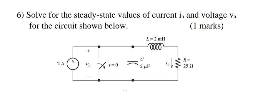 Solved 6) Solve for the steady-state values of current ia | Chegg.com