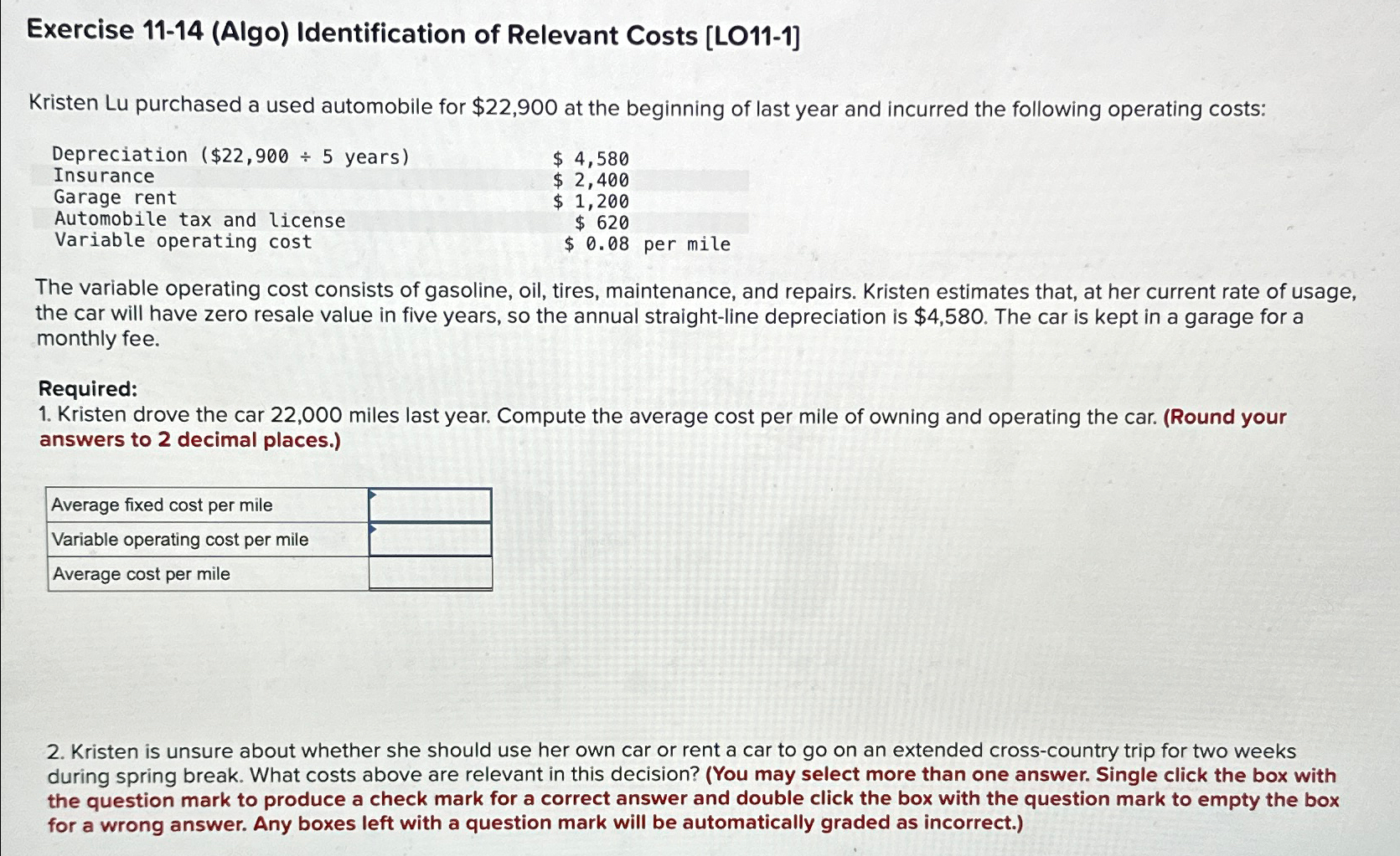 Solved Exercise 11-14 (Algo) ﻿Identification of Relevant | Chegg.com