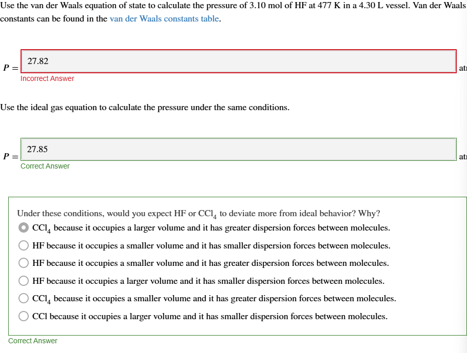 Use the van der Waals equation of state to calculate | Chegg.com